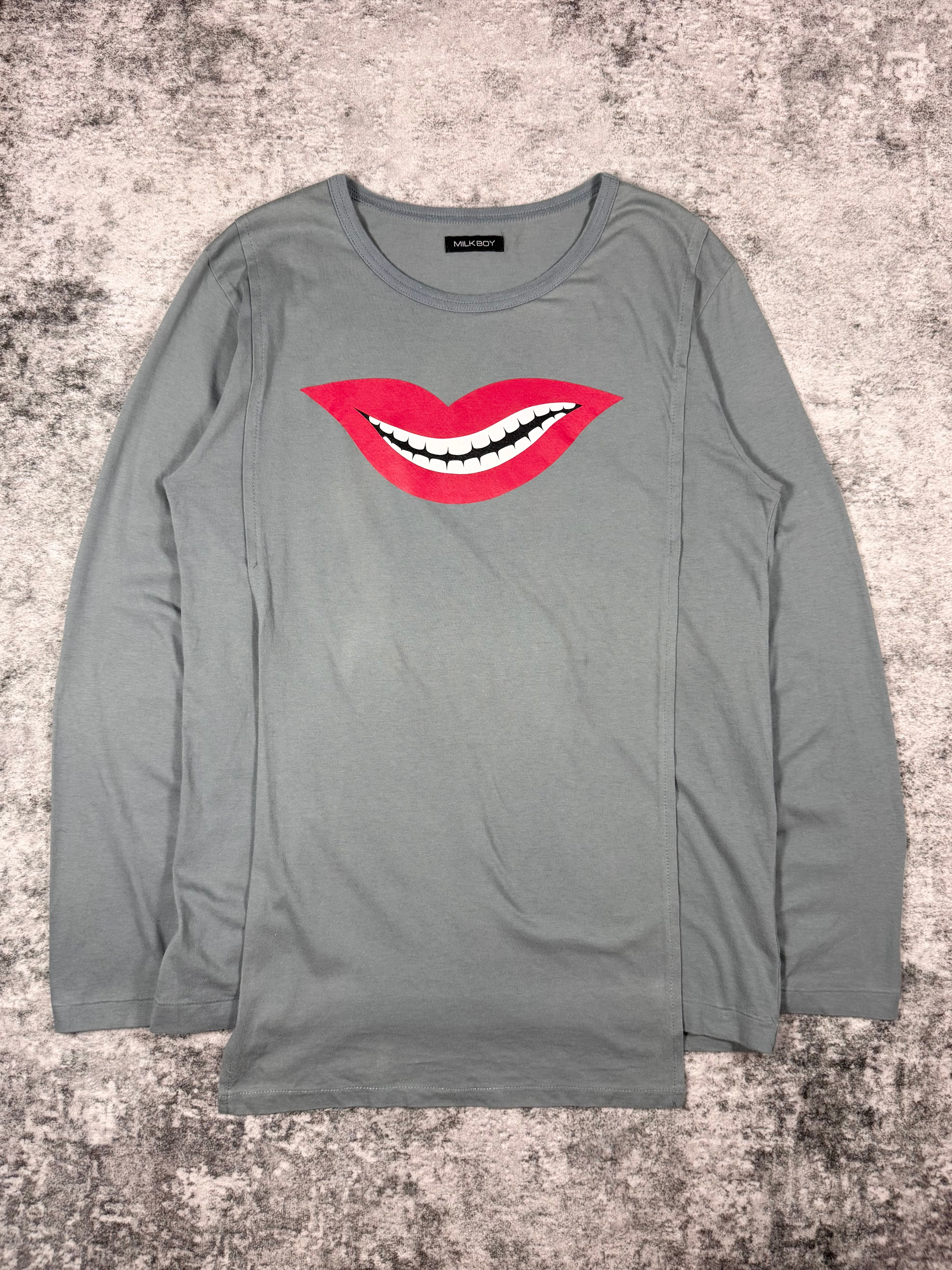 2000s MILKBOY Double Layer Panel Lips Graphic Long Sleeve Shirt Grey